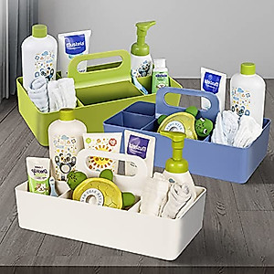 Baby Shower Caddy Plastic Nursery Portable Storage Organizer Caddy Tote for Child/Kids, Divided Basket Bin with Plastic Handle for Bathroom, Dorm Room, Holds Hand Soap, Bottles, Spoons (Beige)