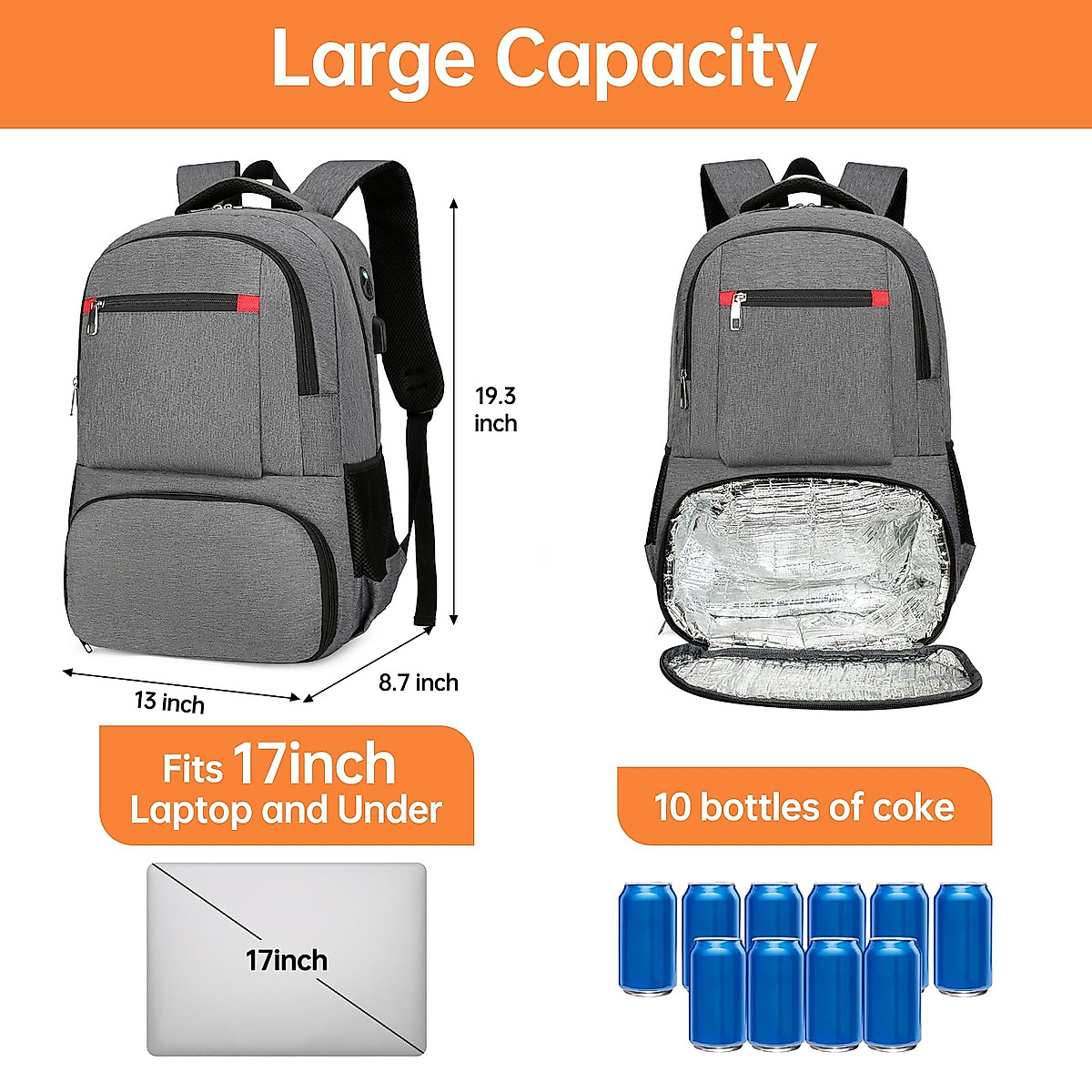 DAILY&DIARY Lunch Backpack, Insulated Cooler Backpack with Lunch Compartment for Men Women Water Resistant Lunch Bag 15.6 Inch Laptop Backpack Durable for Work, School, Camping, Picnics, Grey