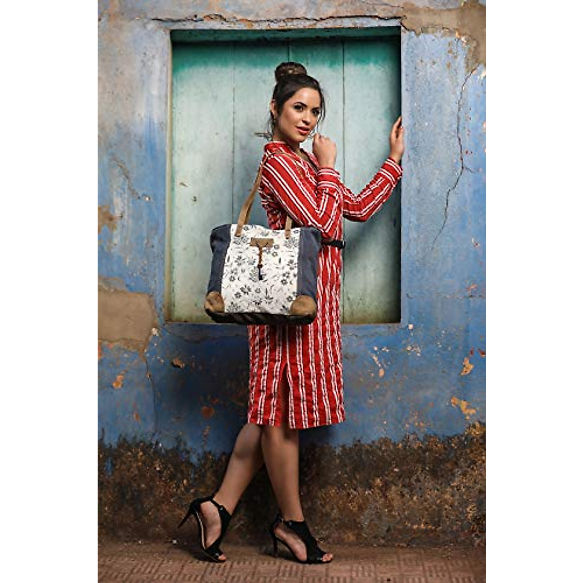 Myra Bag Abstract Key Upcycled Canvas & Cowhide Tote Bag S-1456