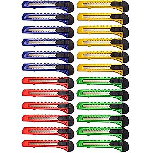 24 Box Cutter Utility Knife Tool with Retractable Snap off Razor Blade 6 Blue 6 Yellow 6 Red 6 Green