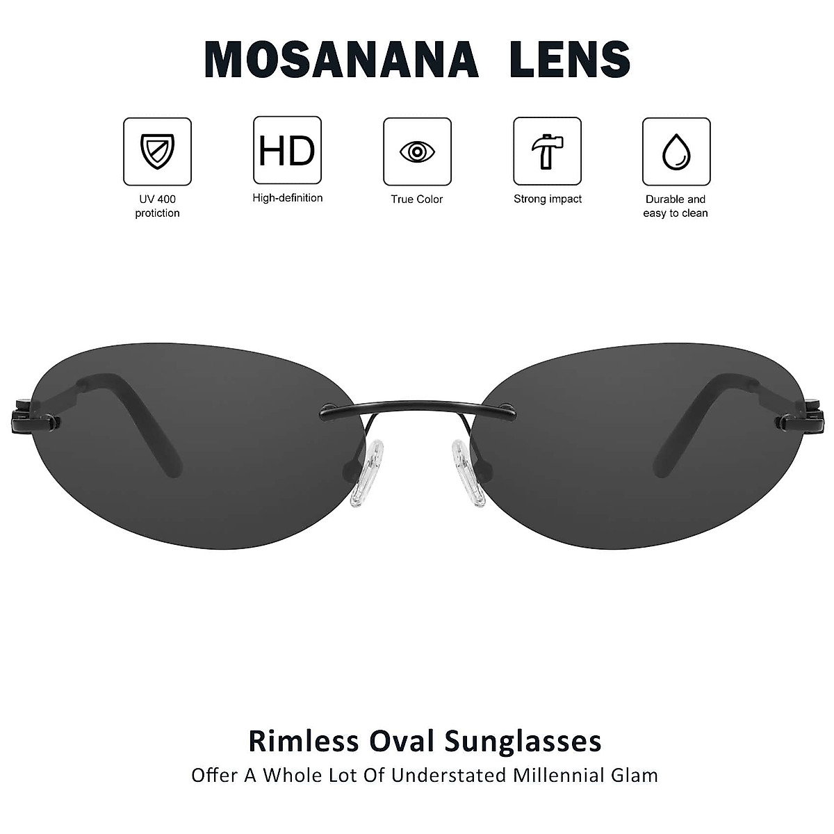 mosanana Y2k Oval Sunglasses for Women Black Small Trendy Cool Cute Funky Fashion Vintage Stylish 90s Thin Skinny Neo Matrix Rimless Hacker