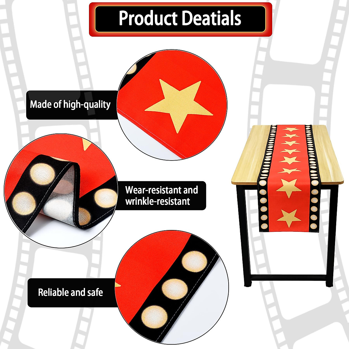 2 Pcs 13 x 72 Inch Movie Night Table Runner Red Movie Theme with Gold Star Design Movie Night Red Carpet Decoration for Movie Night Birthday Party Supplies（red）