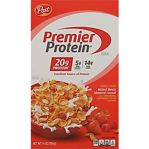 Post Premier Protein Mixed Berry Almond Cereal, Protein Cereal Flakes Mixed with Dried Berries and Sliced Almonds, Contains 20g of Protein Per Serving, 9 OZ Box
