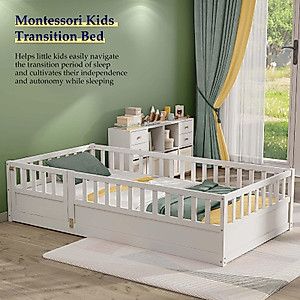 Tatub Twin Floor Bed with Elevated Safety Guardrails and Door, Montessori Floor Bed for Kids, Wood Kids Floor Beds Frame, Twin-White