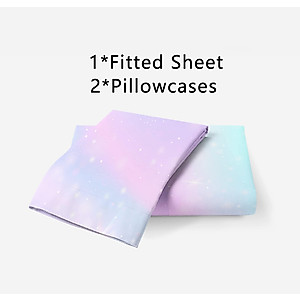 MUSOLEI Colorful Girls Fitted Sheet Set Rainbow sheets, 3D Rainbow Twin Bedding Set girl bed sheets 2PCS Boho 1 Fitted Sheet with 2 Pillowcases Wrinkle Free Cozy Microfiber Twin sheets for girls(full)