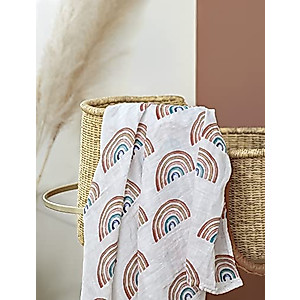 Miaoberry Organic Muslin Baby Swaddle Blanket and Hat Set Newborn Unisex Neutral Boy Girl| Boho Rainbow |Photo Props Birth Announcement Card