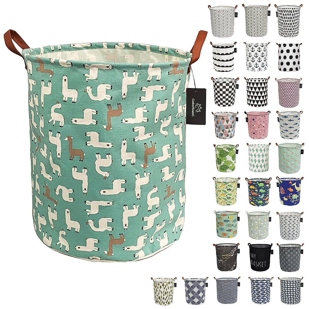 Collapsible Laundry Basket - GodenMoninG 62.8L Large Sized Round Waterproof Storage Bin with Handles,Home Decor,Toy Organizer,Children Nursery Hamper. (Teal Alpaca)