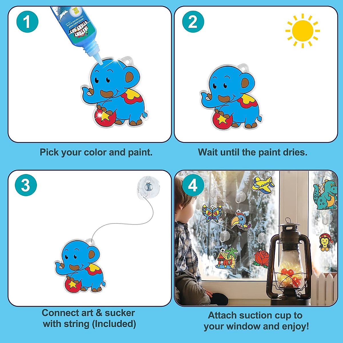 CAPKIT 36Pcs Suncatcher Kits for Kids, Window Art Kids Crafts, 11 Paints for Creative DIY, Arts and Crafts Gift for Kids Children 4-8