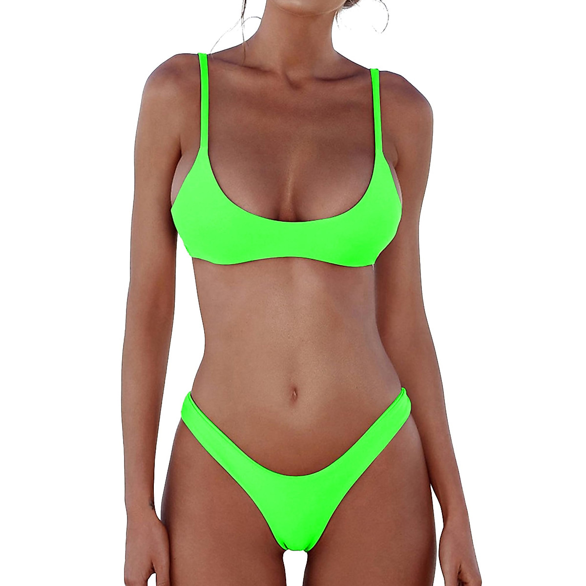 DaiLiWei Womens 2 Piece Brazilian Thong Bikini Set High Cut Swimsuit Padded Scoop Neck Push Up Top Bathing Suit Cheeky Bottom
