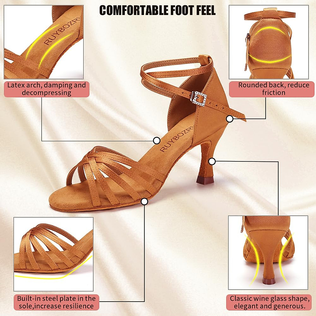 RUYBOZRY Women's Latin Dance Shoes Salsa Ballroom Performance Professional Practice Dancing Shoes, 802QB-7.5,Brown,US 9