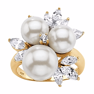 PalmBeach Yellow Gold-Plated or Platinum-Plated Sterling Silver Round Bead Simulated Pearl and Cubic Zirconia Ring Size 9