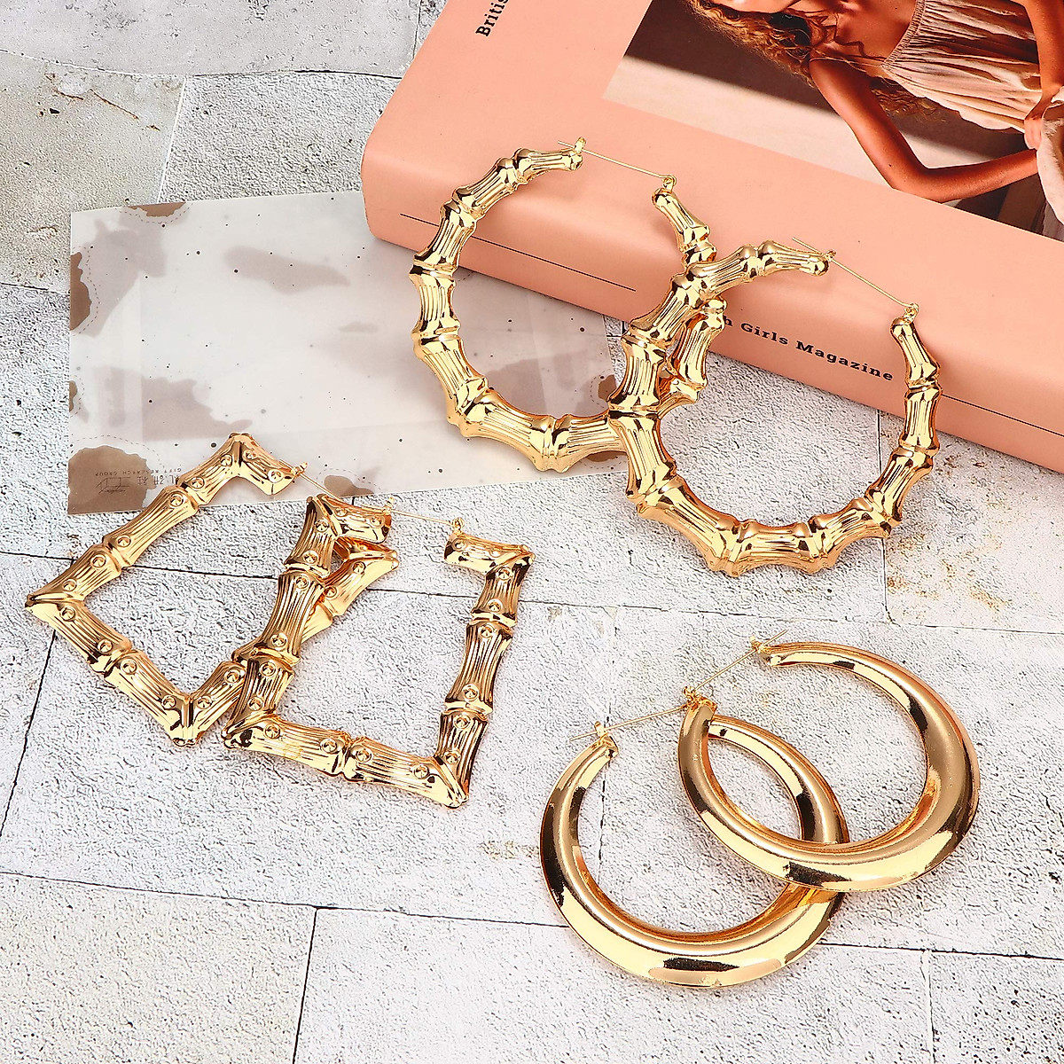 sailimue 8 Pairs Bamboo Earrings for Women Large Different Shape Bamboo Hoop Earrings Set Chunky Silver Gold Big Hoop Earring Hip-Pop Style Fashion Custom Jewelry Party Accessory