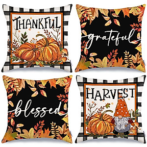 GEEORY Fall Decorative Throw Pillow Covers 18 x 18 Inch Set of 4, Thankful Grateful Blessed Harvest Pumpkin Gnome Thanksgiving Fall Decor Outdoor Farmhouse Pillow Cases for Home Couch G345-18