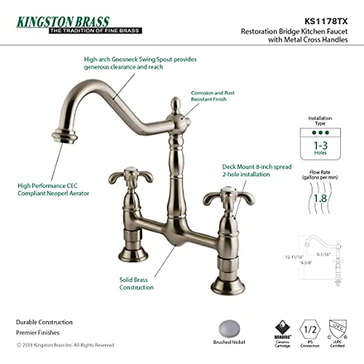 Kingston Brass KS1178TX Heritage 8-Inch Centerset Kitchen Faucet Without Sprayer, Brushed Nickel