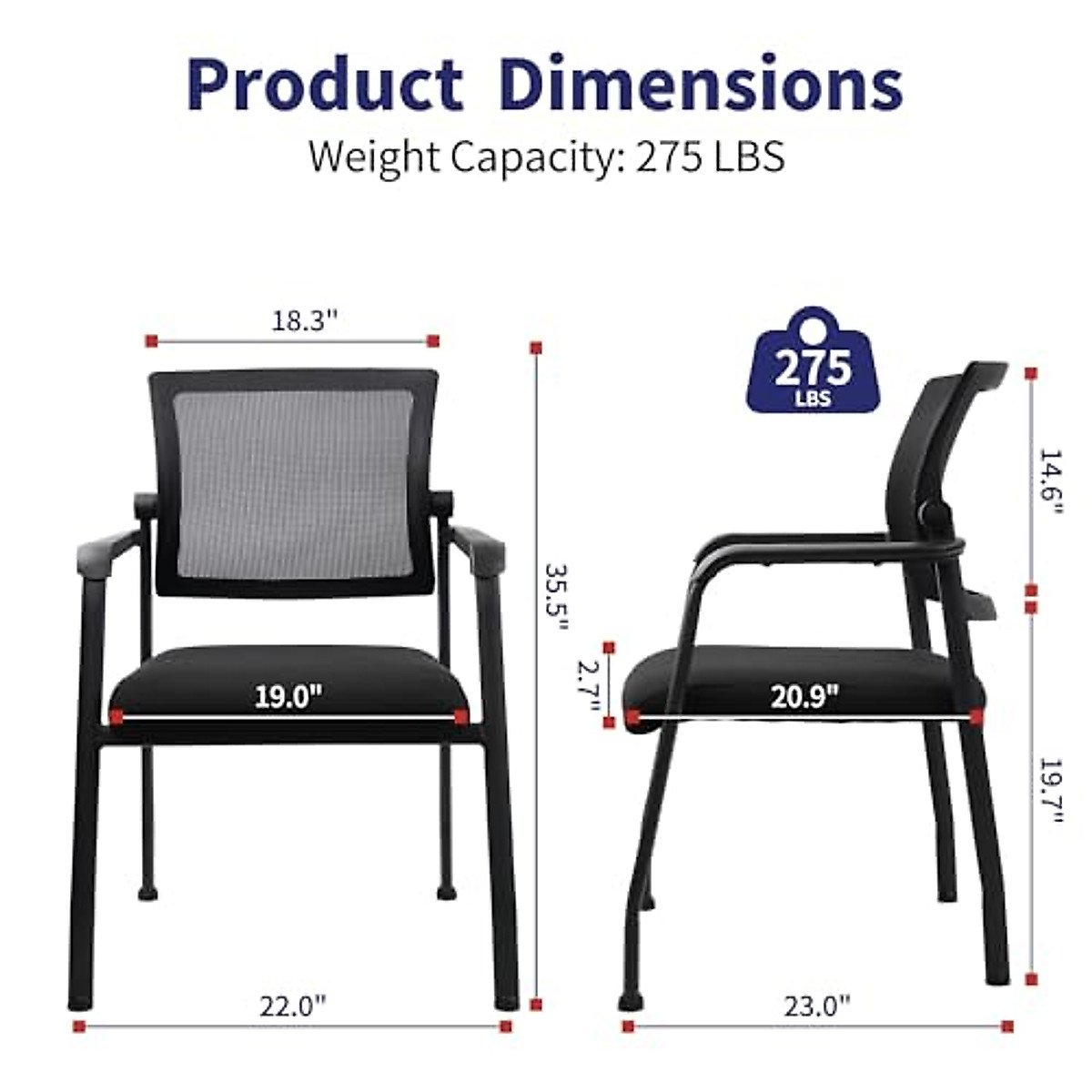 KLASIKA Desk Chair No Wheels with Adjustable Mesh Backrest, Arm Chair with Ergonomic Lumbar Support and Thickened Seats Cushion, Waiting Room Chairs for Office School Church Guest Reception, 2PACK