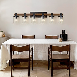 DUJAHMLAND 6-Light Wood Vanity Light,40.5 inch Farmhouse Bathroom Metal Wall Sconce with Cylinder Clear Glass Shade,Industrial Wall Light Fixtures for Hallway,Kitchen,Bedroom(Wood, 6-Light)