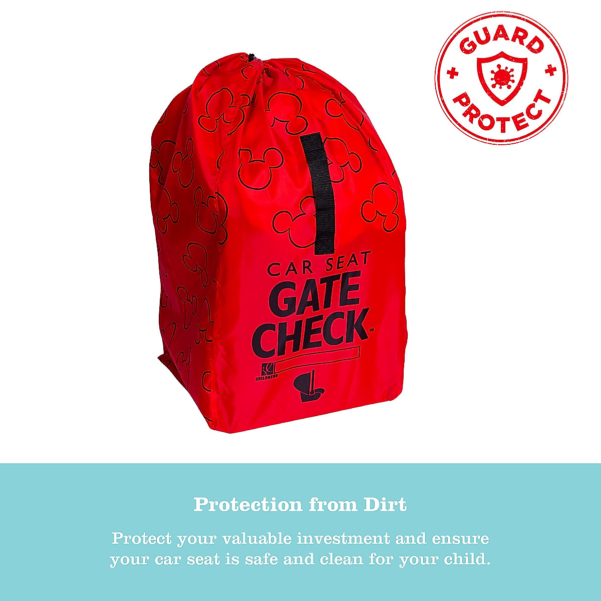 Disney Baby by J.L. Childress Gate Check Bag for Car Seats - Fits ALL Car Seats, Carriers & Booster Seats - Car Seat Bag for Air Travel - Red, Mickey Mouse