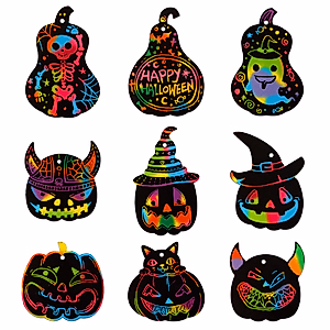 FaCraft Halloween Scratch Art for Kids 24pcs Pumpkins Cat Witch Ghost Rainbow Scratch Art Paper DIY Scratch Art Crafts for Classroom Family Halloween Thanksgiving Fall Party Games Favors