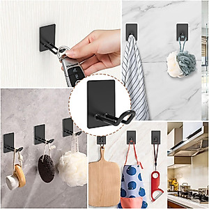 Linone 4 Pcs Self Adhesive Hooks, Stainless Steel Towel Hook, Sticky Towel Hangers for Kitchen Bathroom, Bathroom Wall Door Hooks for Hanging Towel Robe Hat Coat (Black)
