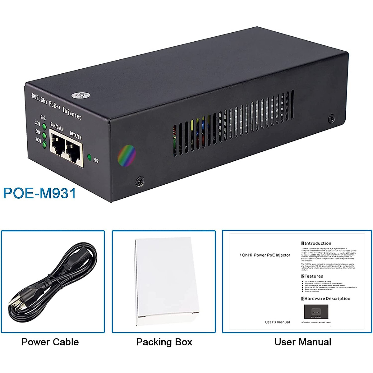 CENTROPOWER High Power Gigabit PoE Injector 90W，Ethernet Switch PoE+ Injector Adapter，10/100/1000Mbps，IEEE 802.3af/at/bt Compliant, Up to 100M(328 feet)