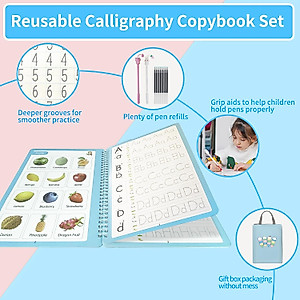 Learn-Journey Upgraded Large Size Magic Practice Copybook for Kids, Handwriting Practice Workbook, Reusable Writing Practice Book for Preschools(4 Books with Pens)-Blue Bag