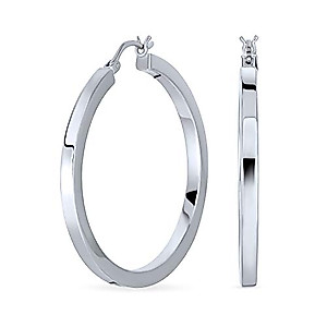 Simple Large Round Flat Square Tube Big Hoop Earrings For Women .925 Sterling Silver Hinged Notched Post 1.65 Inch Diameter