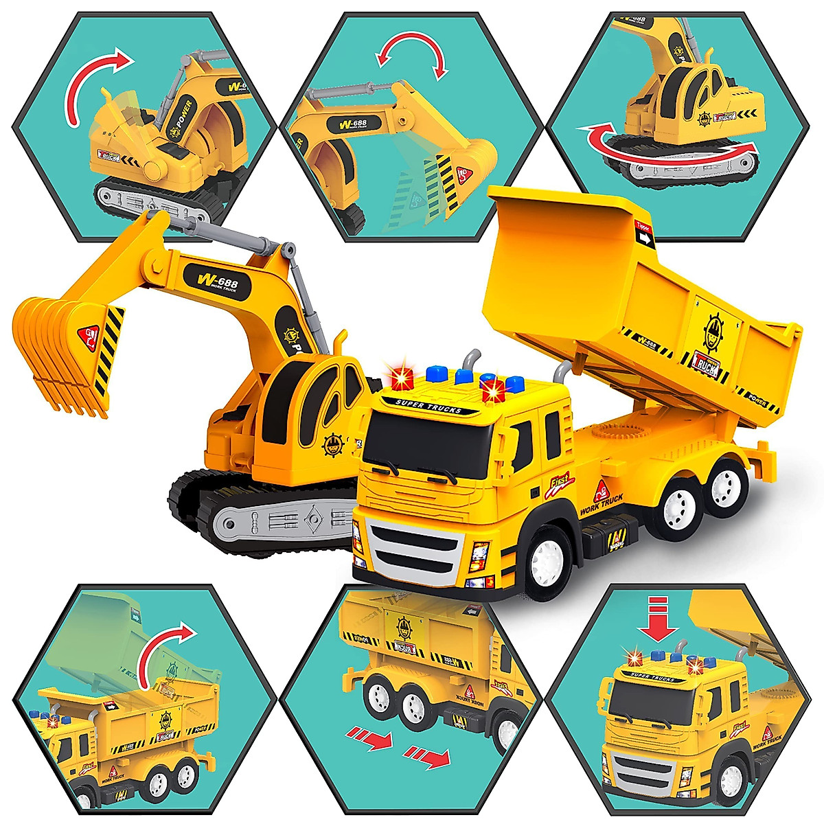 MOBIUS Toys 4-in-1 Construction Vehicle Bundle - 1:12 Scale Dump Truck, Flatbed and 2 Excavators with Lights and Sounds, Push and Go Realistic Big Truck Toy, Construction Vehicle Excavator Toy