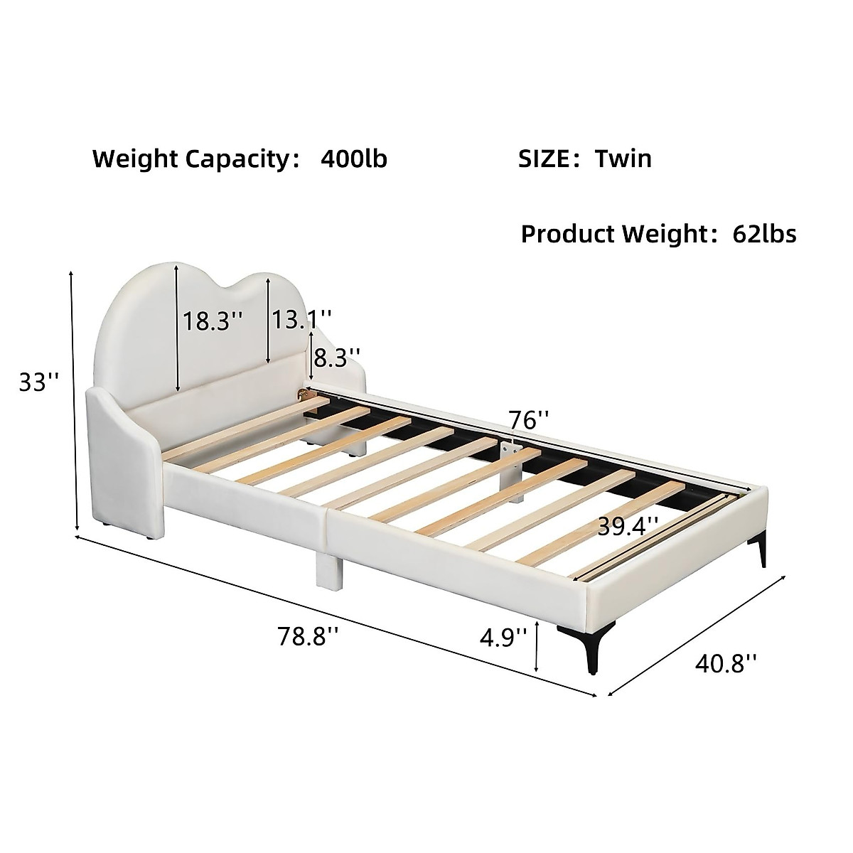 Merax Twin Bed Frames for Kids, Platform with Cloud- Shaped Upholstered Headboard, Beige
