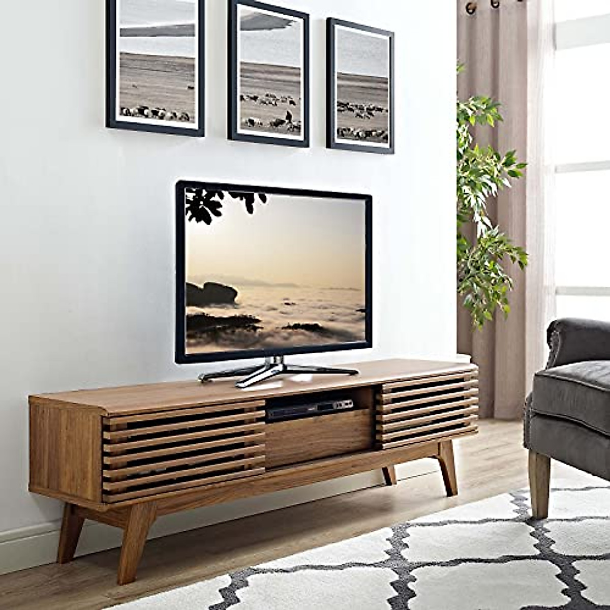 Modway Render Mid-Century Modern Low Profile 59 Inch TV Stand in Walnut