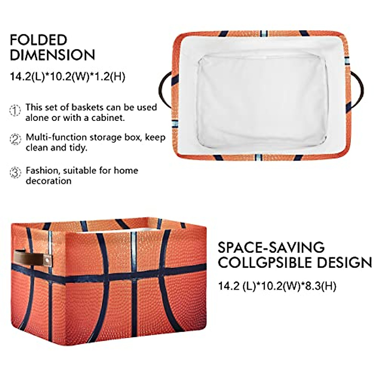 Sport Basketball Storage Bin Canvas Toys Storage Basket Bin Large Storage Cube Box Collapsible with Handles for Home Office Bedroom Closet Shelves，2 pcs