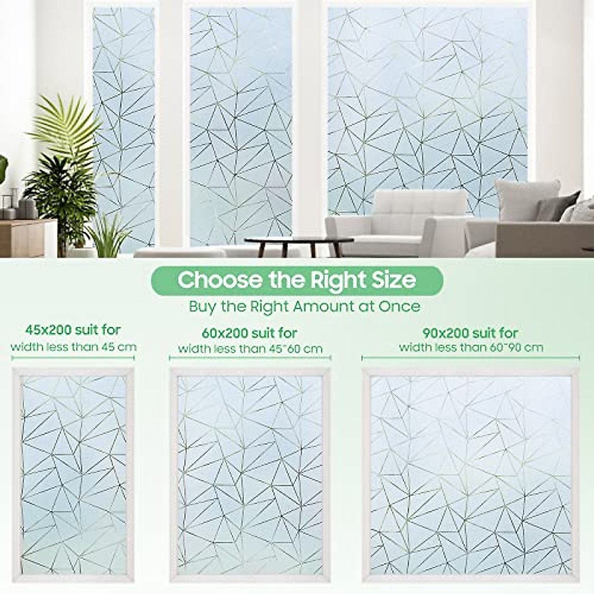 Viseeko Window Privacy Film Decorative Static Clings Sun UV Blocking Non-Adhesive Removable Glass Door Sticker for Home Office 11.8 x 78.7 inches Frosted Triangle