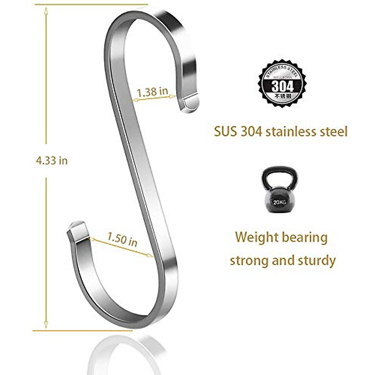 S-Shaped Hooks Heavy Duty 12 Packs,304 Stainless Steel Hook,Multi-Functional Flat Hook,S Hook,Hooks Closet,Hooks Plants,Hooks for Hanging Pot,Pan,Cups, Plants,Bags, Jeans,Towels (12, XX-Large)