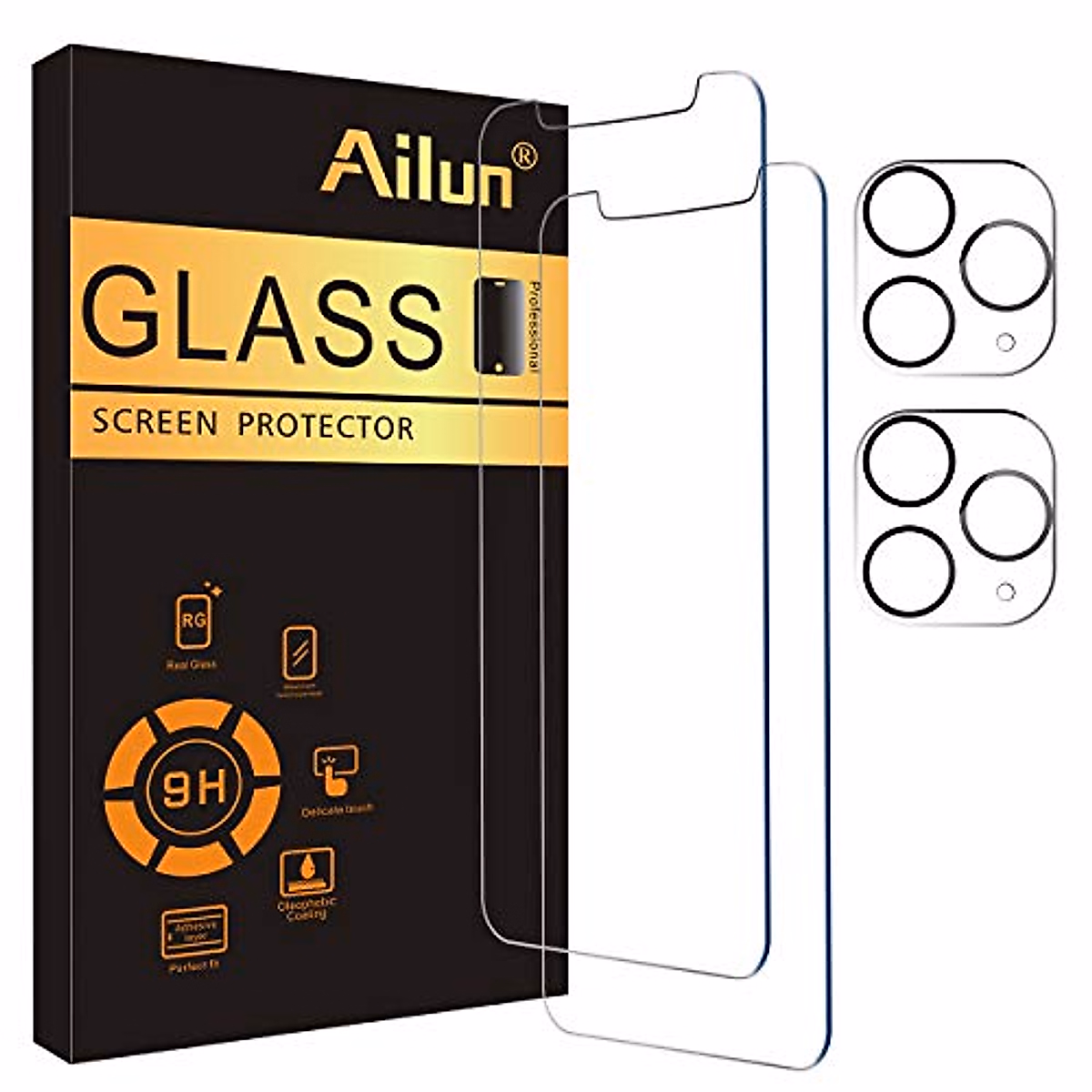 Ailun 2 Pack Screen Protector for iPhone 11 Pro Max[6.5 inch] + 2 Pack Camera Lens Protector,Tempered Glass Film,[9H Hardness] - HD