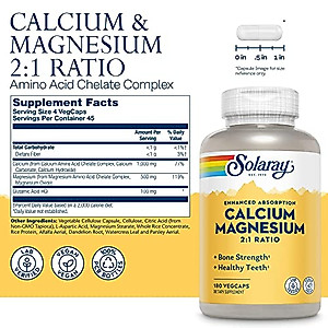 Solaray Enhanced Absorption Calcium Magnesium - 180 VegCaps - 2:1 Ratio - Supports Bone Strength & Healthy Teeth - Vegan