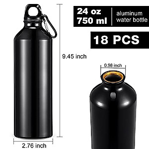 18 Pieces Aluminum Sport Water Bottles Bulk 24 oz Lightweight Water Bottles Reusable Leak Proof Water Bottles with Hook and Twist Cap for Bike, Camping, Climbing, Travelling, Indoor, Outdoor (Black)