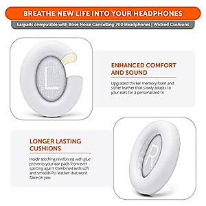 WC Wicked Cushions Upgraded Replacement Ear Pads for Bose 700 Noise Cancelling Headphones (NC700) - Softer PU Leather, Luxurious Memory Foam, Added Thickness, Extra Durable Ear Cushions | (White)