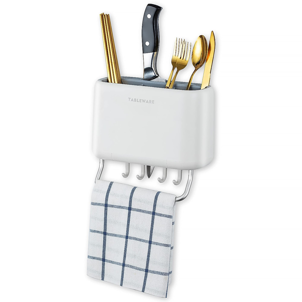 Kitchen Utensil Holder for Wall Hanging White Cooking Utensil Crock with 3 Dividers, Plastic Cutlery Caddy, Practical Utensil Pot for Counter for Fork Spoon Knife Spatula Flatware Silverware