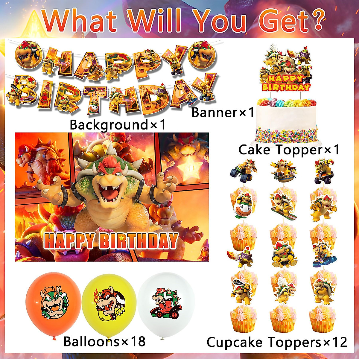kozrlib Ma-rio Bowser Birthday Party Supplies Cartoon Bowser Theme Party Decorations Including Cake Topper Banner Cupcake Toppers Balloons and Background