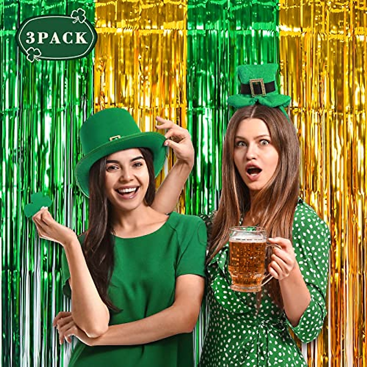 LYUBASA 3 Pack St. Patrick's Day Foil Fringe Curtains St Patricks Day Party Decorations 3.3x6.6 ft Irish Green Gold Streamer Photo Booth Prop Backdrop Decor Indoor Outdoor Party Supplies for Birthday