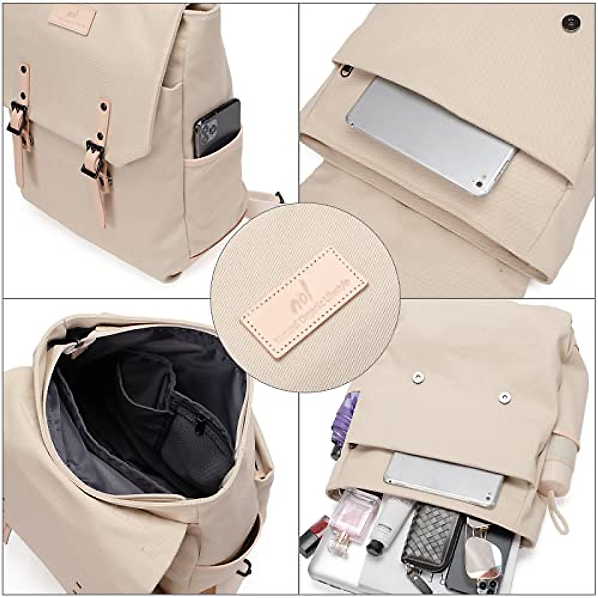 NOL Natural Organic Lifestyle Classic Casual Daypack Backpacks Durable Cotton Leather Vintage Rucksack fit 14 Inch Laptop Bag (Beige)