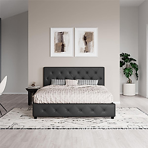 DHP Dakota Upholstered Platform Bed with Diamond Button Tufted Headboard and Footboard, No Box Spring Needed, Queen, Black Faux Leather