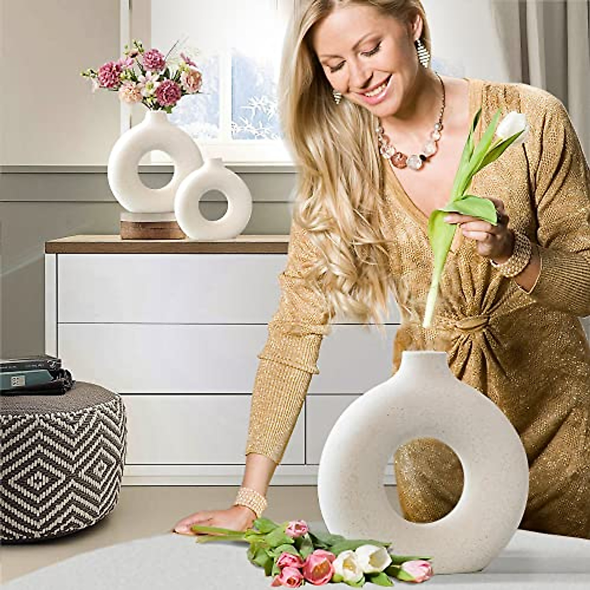 Ceramic Hollow Donut Vase Set of 3 for Pampas Grass | Neutral Modern Home Decor, Small Boho Minimalist Round White | Japandi Clay Beige Decorative for Bedroom, Living, Wedding, Office, Coffee Table