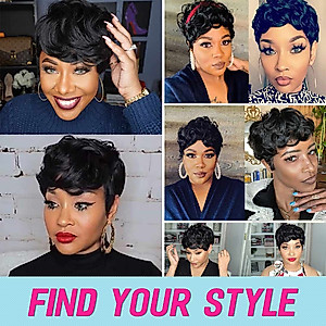 Flandi Short Pixie Cut Wigs for Black Women Natual Black Curly Pixie Wigs with Bangs Short Wigs Human Hair Wigs Short Curly Layered Pixie Wig for Women (Short Pixie Wavy 1B#)