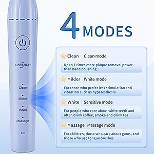 Aicoreray Electric Toothbrush for Kids 8-12, 4 Modes with 30s Smart Timer, Charge for 6 Hours and Use for 30 Days, Electric Toothbrush for Adults & Kids, Includes 4 Replacement Brush Heads (Bule)