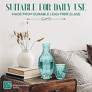 Elle Decor Vintage Bedside Water Carafe with Tumbler Glass – Elegant Pitcher and Matching Drinking Cup Doubles As Lid (Green)
