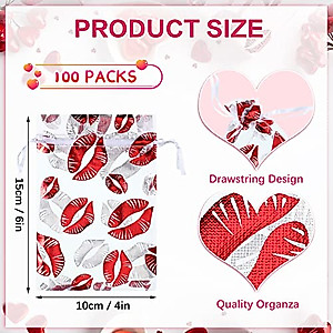 100 Pcs Valentine's Day Organza Bag with Drawstring, Sheer Red Lip Printed Jewelry Gift Pouch, 4 x 6 Inch Mesh Small Favor Bags for Girls Valentines Day Wedding Spa Sleepover Party Decorations