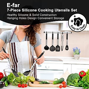 E-far Silicone Cooking Utensils Set, 7 Pcs Heat Resistant Kitchen Utensils with Stainless Steel Handle, Slotted Turner, Spoon, Soup Ladle, Pasta Server, Skimmer, Tongs for Nonstick Cookware, Black