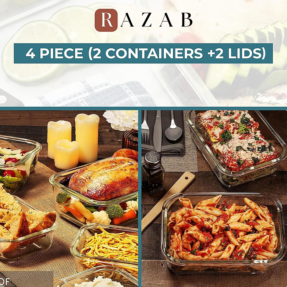 6.5 Cups/ 52 Oz 4 Piece (2 Containers +2 Lids) Glass Food Storage/ Baking Container Set w/Locking Lid - For Storing & Serving BPA Free & Leak Proof - Microwave, Dishwasher, Fridge, Freezer n Oven Safe