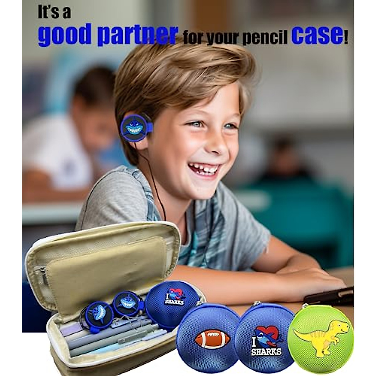 GOGOSINIS Earbuds Set with Case for Kids for School, Wired Over-Ear 3.5mm Headphones for Phone and PC, Wrap Around Ear Buds with Earhook for Kids 3-8, Comfortable Earphones with Hook.(Blue-Shark)