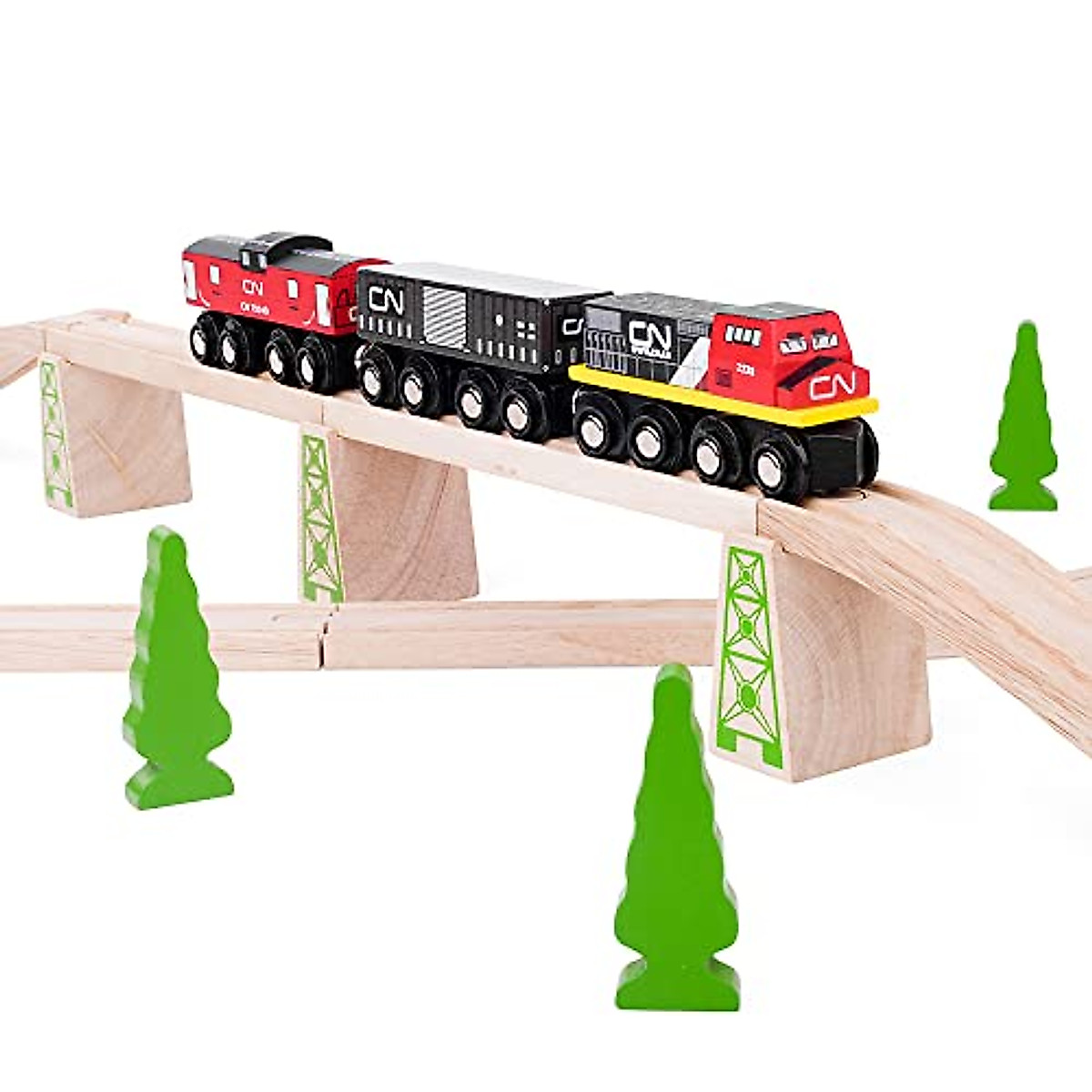 Bigjigs Rail Wooden CN Train - 1 Engine, 2 Carriages & 2 Track Pieces, Kids Train Toy Accessories, Toddler Railway Sets, Trains with Magnetic Couplings, for 3+ Year Old